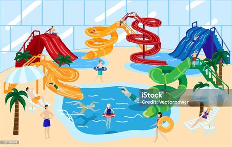 워터 파크 슬라이드 벡터 일러스트레이션 워터 파크에서 워터 슬라이드와 수영장에서 즐거운 시간을 보내는 사람들 아쿠아 파크에서