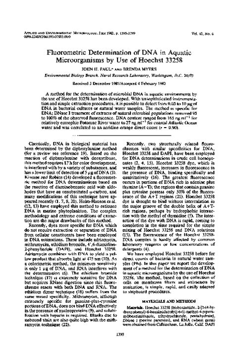Pdf Fluorometric Determination Of Dna In Aquatic Microorganisms By Use Of Hoechst 33258 John