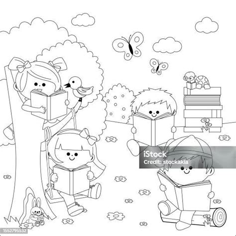 자연 속에서 책을 읽는 행복한 아이들 벡터 흑백 색칠하기 페이지입니다 아이에 대한 스톡 벡터 아트 및 기타 이미지 아이 그림 그리기 나무 Istock
