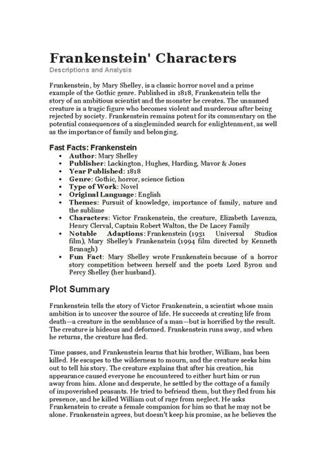 Frankenstein Themes Characters Quotes And Plot Summary