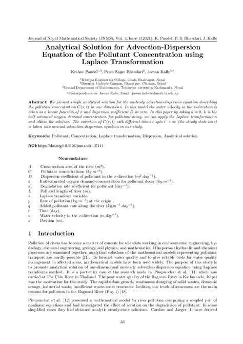 Pdf Analytical Solution For Advection Dispersion Equation Of The Pollutant Concentration Using