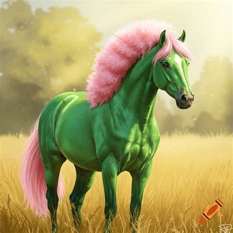 A Green Horse With A Pink Mane Stands In A Sunlit Field On Craiyon
