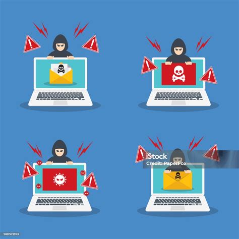 해커 랩톱 컴퓨터의 맬웨어 알림 기밀 데이터 개인 정보 및 신용 카드 세부 정보를 훔치는 랩톱 컴퓨터를 가진 해커 해킹 개념입니다 개성 개념에 대한 스톡 벡터 아트 및 기타
