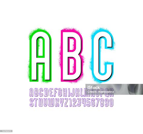 스프레이 낙서 글꼴 컬러 알파벳 거리 예술 문자 및 숫자 벡터 일러스트 레이 션 10eps 그래피티에 대한 스톡 벡터 아트 및