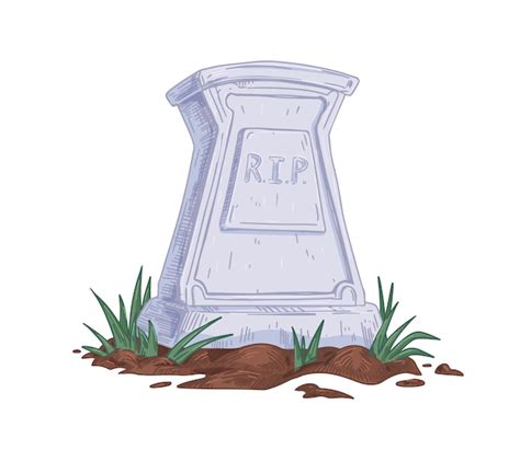 Rip 약어가 있는 묘비 땅과 풀이 있는 돌 무덤의 직립 묘비 Rest In Peace 비문이 있는 비석 손으로 그린 벡터