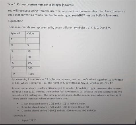 Solved Task 1 Convert Roman Number To Integer 4points You Chegg Com