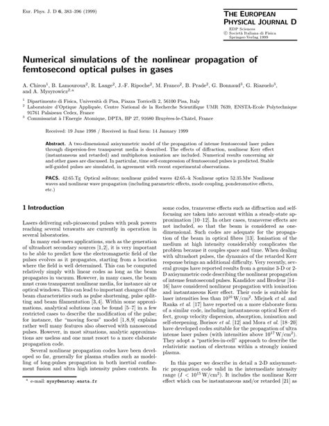 Pdf Numerical Simulations Of The Nonlinear Propagation Of Femtosecond