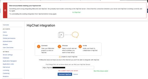 Error Encountered Creating Link Between Bitbucket Server And Hipchat Server Bitbucket Data