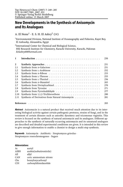 Pdf New Developments In The Synthesis Of Anisomycin And Its Analogues