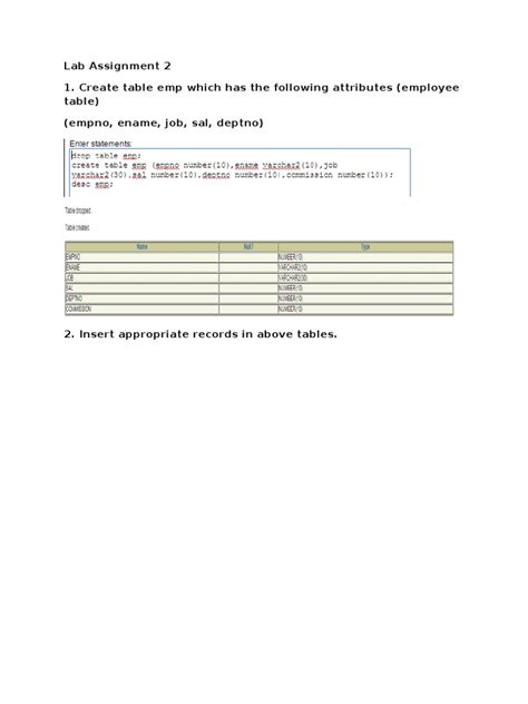 Lab Assignment 2 1 Create Table Emp Which Has The Following Attributes Employee Table Empno