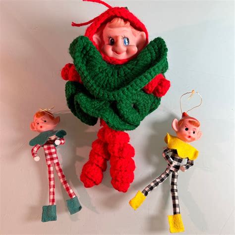3 Vintage Ornament Elves Elf Doll Bendable Pixies Checkered Clothes