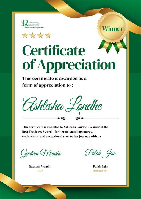 Grateful Bestfresheraward Certificateofappreciation Redwoodalgorithms Ashlesha Londhe