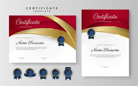 감사 템플릿 금색 및 빨간색 인증서 골드 배지로 현대적인 인증서를 청소하십시오 고급스럽고 현대적인 라인 패턴의 인증서 테두리 템플릿 디플로마 벡터 템플릿 감사장에 대한 스톡