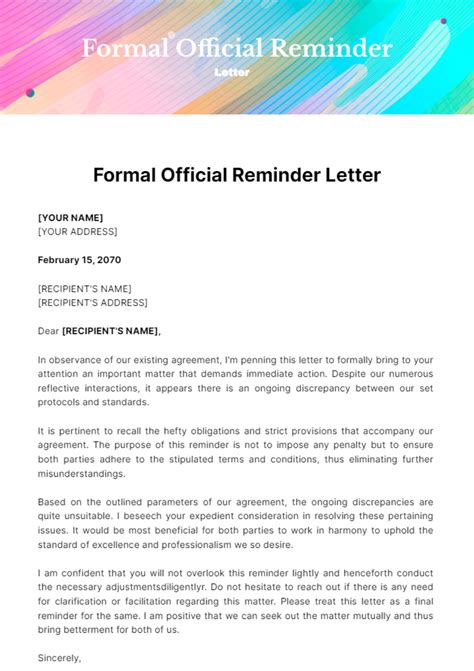 Free Formal Official Reminder Letter Template To Edit Online