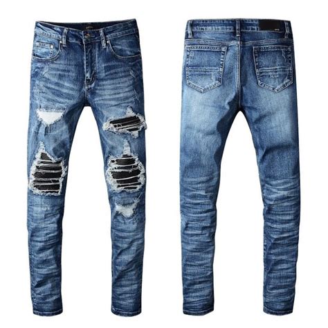 Mens Pu Leather Patchwork Ripped Biker Jeans Patc Grandado