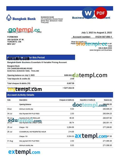 Bangkok Bank Corporate Checking Account Statement Word And Pdf Template Download Template By
