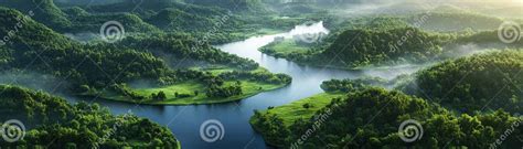 A Serene Landscape Reveals A River Flowing Through Lush Hillsides A