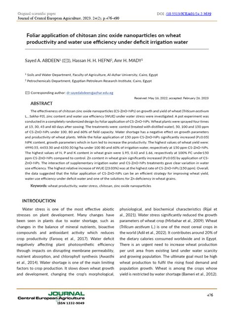Foliar Application Of Chitosan Zinc Oxide Nanoparticles On Wheat