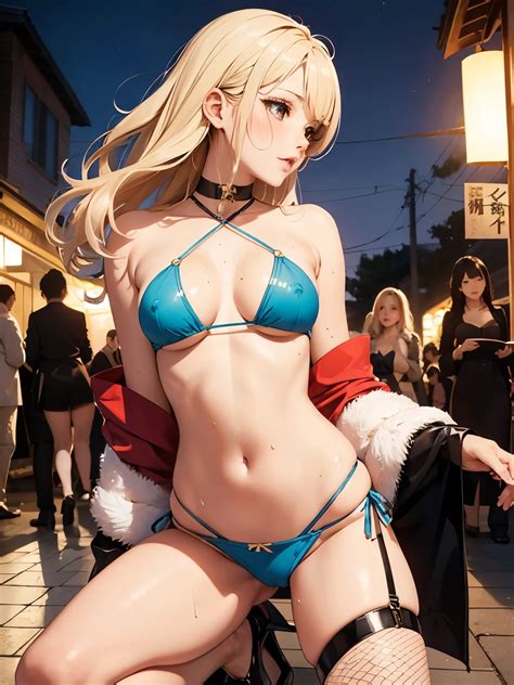 Blond Haired Woman In Blue Bikini And Stockings Posing For A Picture