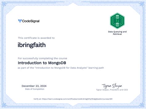 Course Certificate For Introduction To Mongodb Codesignal Learn