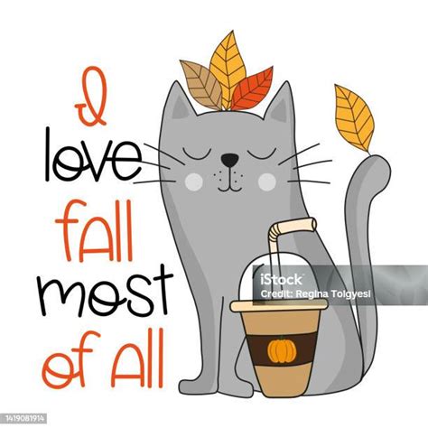 나는 가을을 가장 좋아합니다 가을 말과 호박 향신료 라떼와 나뭇잎이있는 귀여운 고양이 펌킨 스파이스 라떼에 대한 스톡 벡터 아트 및 기타 이미지 펌킨 스파이스 라떼