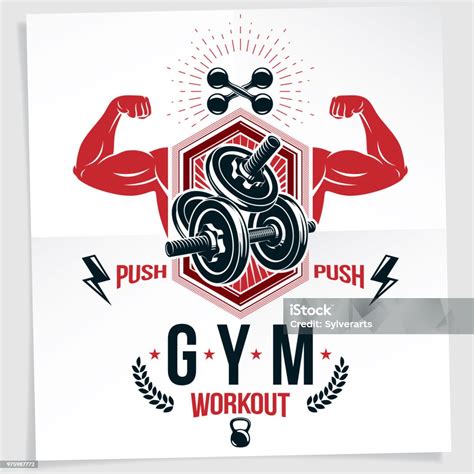 체육관 광고 포스터입니다 벡터 구성 디스크 무게 아령과 주전자 벨 스포츠 장비와 운동 매너 팔 뚝 팔을 사용 하 여 만든 건강한 생활방식에 대한 스톡 벡터 아트 및 기타