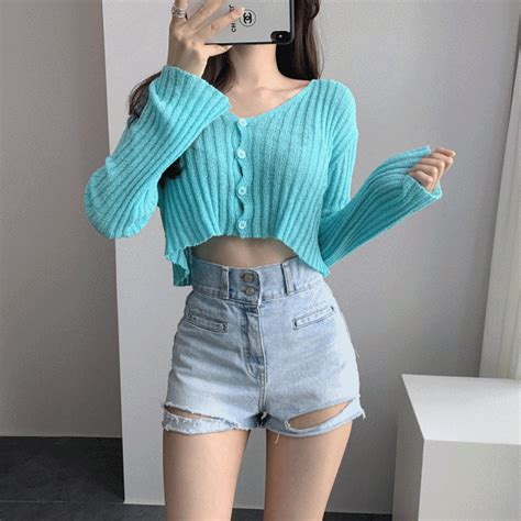 브이넥 골지 썸머 긴팔 크롭니트 가디건 4color 에이블리