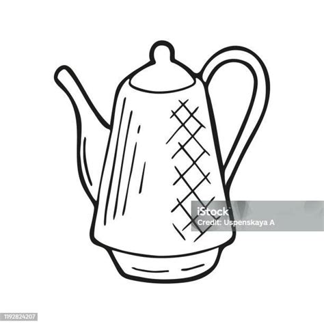 한 손으로 그린 클래식 커피 포트 낙서 스타일에서 흰색 배경에 격리 된 검은 색 윤곽선 카드 소셜 미디어 배너 스티커에 대한