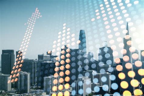 샌프란시스코 사무실 건물 배경 대상 및 목표 개념 다중 노출에 대한 추상 가상 위쪽 화살표 스케치 프리미엄 사진