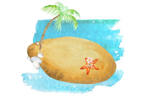 수채화 그림 톱 뷰 불가사리 모래 해변 조개 푸른 파도 아름 다운 엽서 또는 배경입니다 0명에 대한 스톡 벡터 아트 및 기타 이미지 Istock