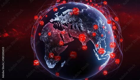 Globe Cyber Attack With Red Icons Showing Internet Network