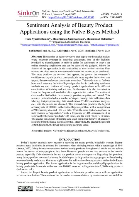 Pdf Sentiment Analysis Of Beauty Product Applications Using The Naïve Bayes Method