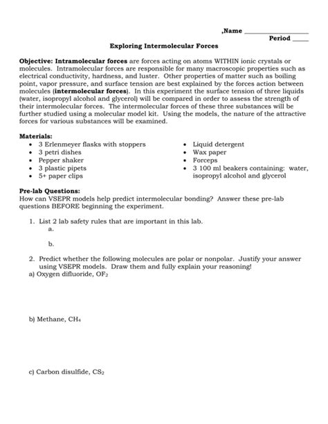 Intermolecular Forces Lab Surface Tension And Polarity