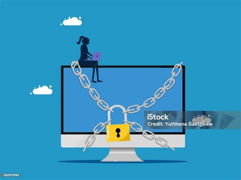 Protect Computer Businesswoman And Computer Locked With Padlock Vector