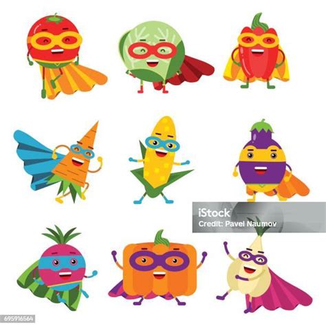 다른 의상에서 슈퍼 히어로 야채 다채로운 벡터 일러스트 레이 션의 설정 다중 색상에 대한 스톡 벡터 아트 및 기타 이미지 다중 색상 만화 무 Istock