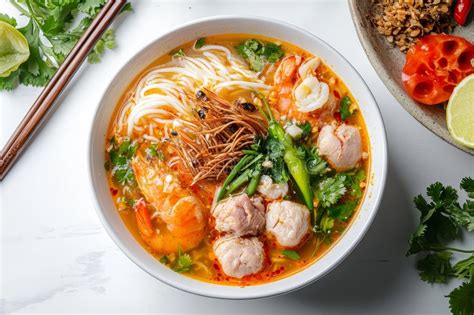 A Bowl Of Vietnamese Hu Tieu Noodle Soup With Pork And Seafood