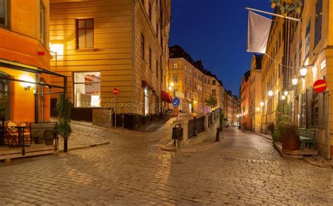 Cobblestone Street In Gamla Stan At Night Stockholm Sweden Editorial