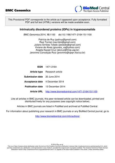 Pdf Intrinsically Disordered Proteins Idps In Trypanosomatids