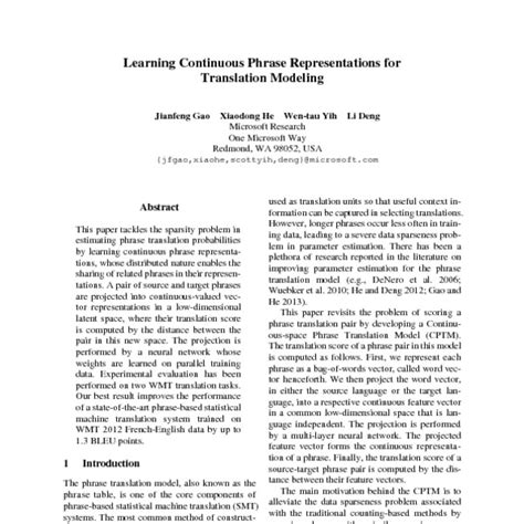 Learning Continuous Phrase Representations For Translation Modeling Acl Anthology