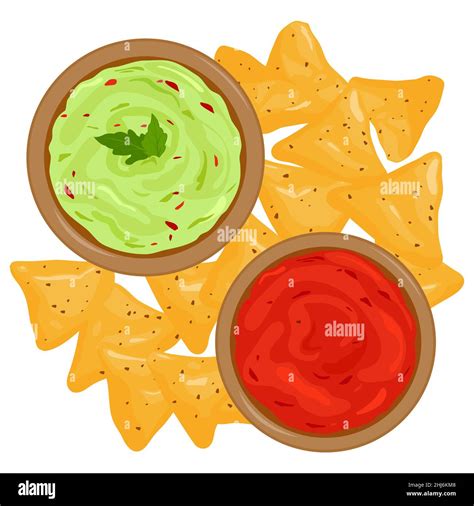 Bowls Of Avocado Guacamole Dip Tomato Salsa Sauce And Nachos Chips