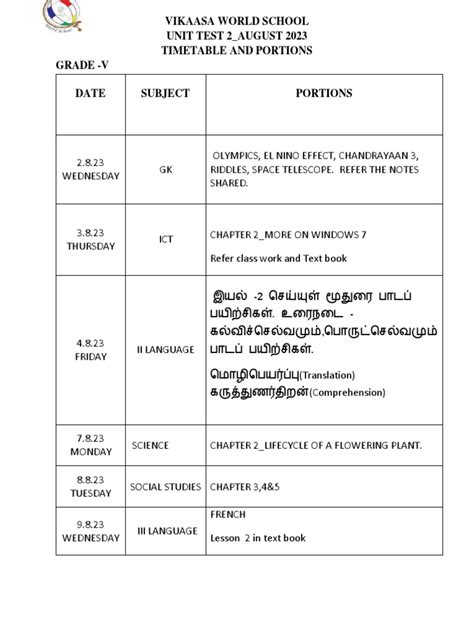 Grade 5 Unit Test Portions And Timetable Pdf