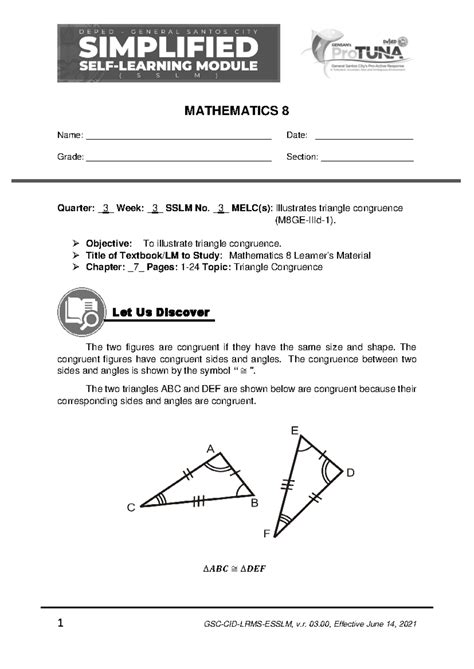 q3 math8 sslm week3 2 rffeftgrtbybyby ∆𝑨𝑩𝑪 ≅ ∆𝑫𝑬𝑭 mathematics 8