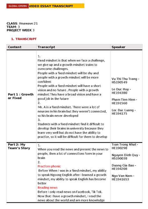Class Team Transcript Video Essay Transcript Class Heawave 21 Team 3 Project Week 3 1