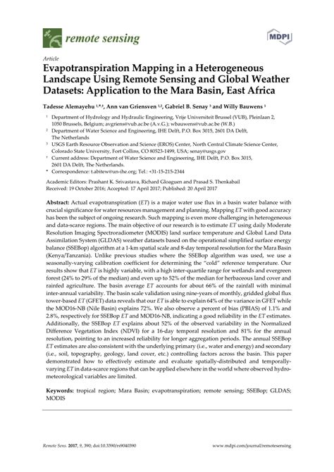 Pdf Evapotranspiration Mapping In A Heterogeneous Landscape Using Remote Sensing And Global