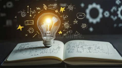 A Light Bulb Is On Top Of A Book With A Lot Of Math Equations And Diagrams Quality Stock