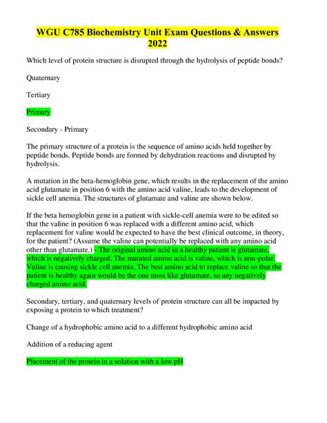 WGU C785 Biochemistry Unit Exam Questions Answers 2022 Scholarfriends