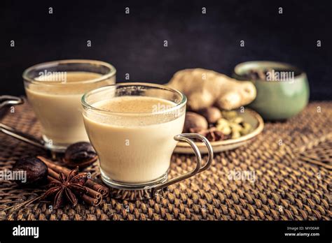 Traditional Indian Drink Masala Chai Tea Milk Tea With Spices On