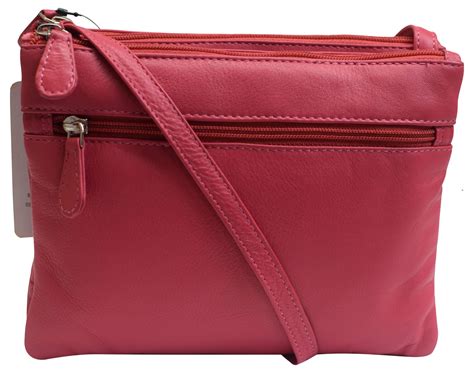 Genuine Leather Womens Purse Double Zipper Top Pockets Crossbody