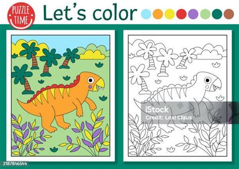 이구아노돈을 가진 아이들을 위한 공룡 색칠 공부 페이지 선사 시대 풍경과 함께 벡터 윤곽선 그림 색깔이 있는 예를 가진 아이들을 위한 색칠하기 책 그리기 기술 인쇄 가능한