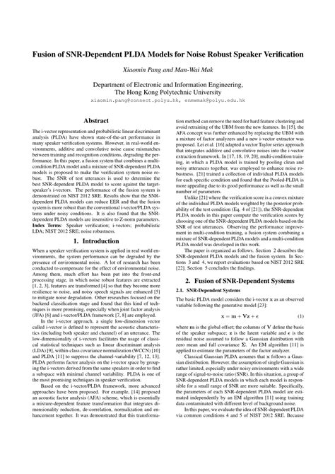 Pdf Fusion Of Snr Dependent Plda Models For Noise Robust Speaker